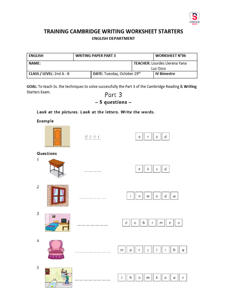6 Worksheet-Starters Writing Part 3-1° Grade | PDF