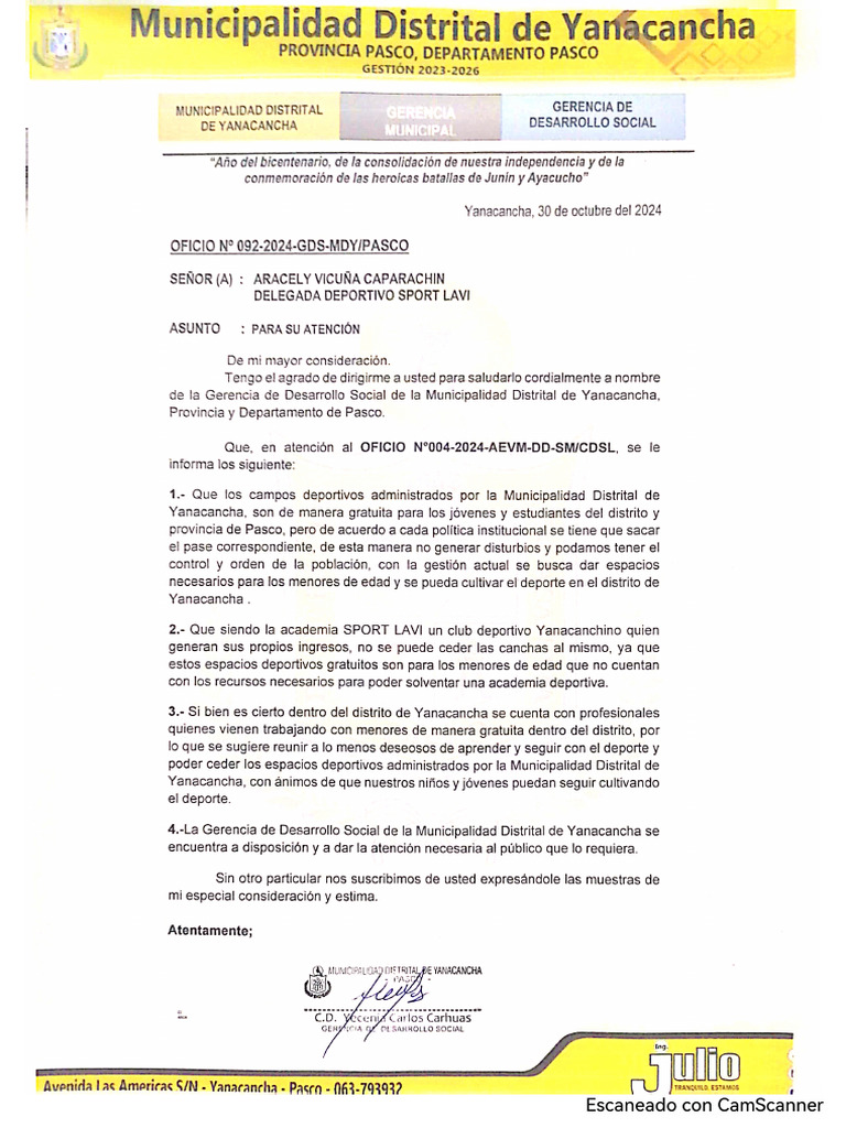 OFICIO N°092-GDS-MDYPASCO | PDF