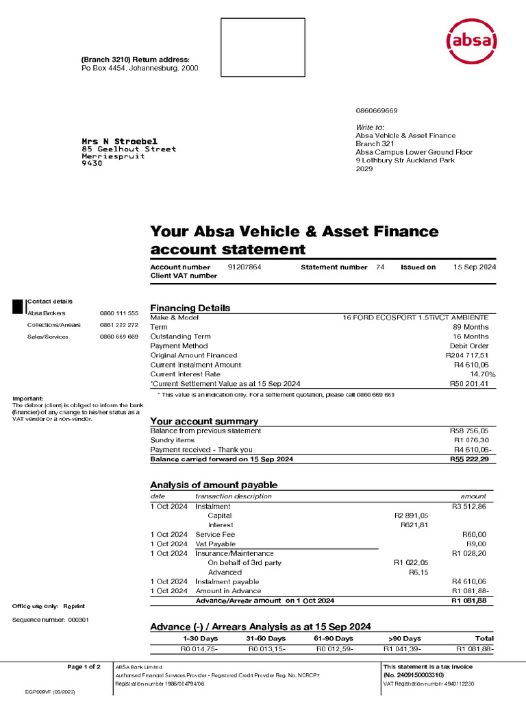 Absa Vehicle Finance Statement | PDF | Banks | Financial Services