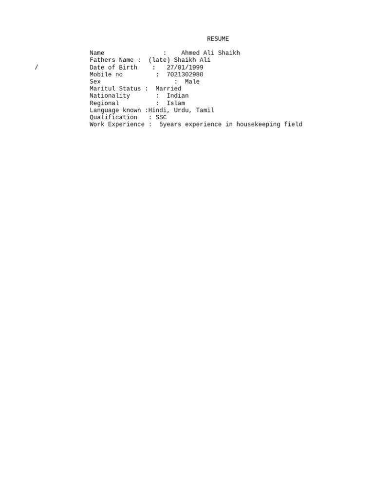 Ahmed Ali Shaikh - Housekeeping Resume | PDF