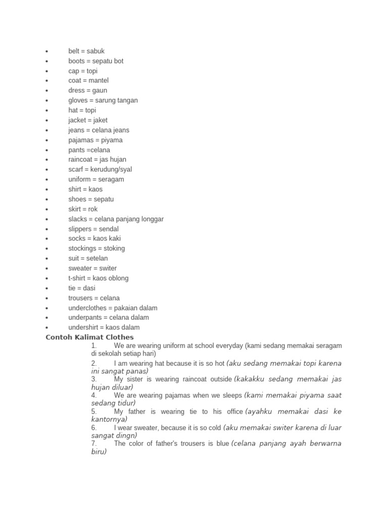 Indonesian Clothing Vocabulary Guide | PDF