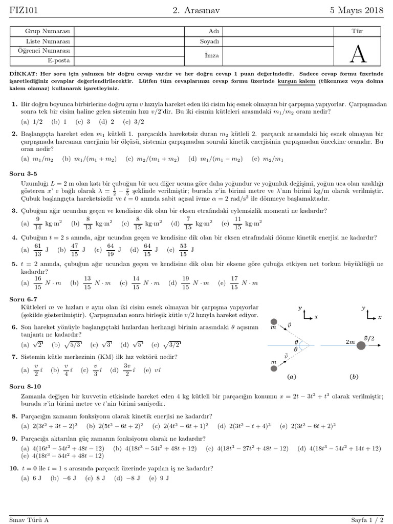 2017-2018B Fiz101 2v | PDF