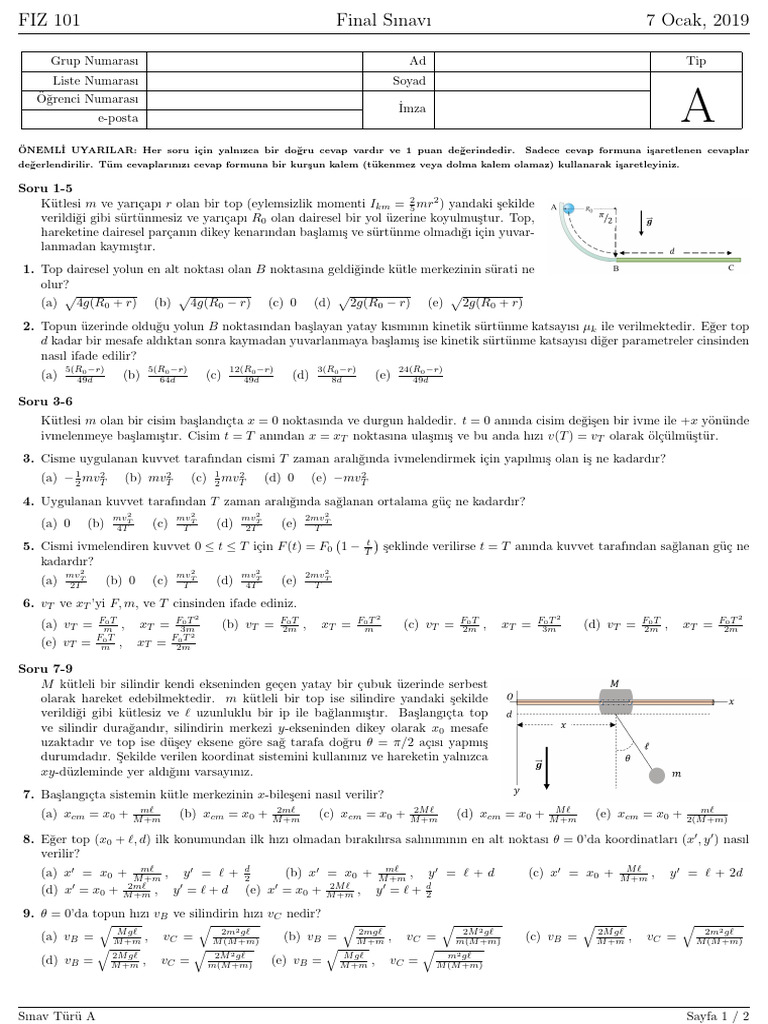 2018-2019G Fiz101 F | PDF