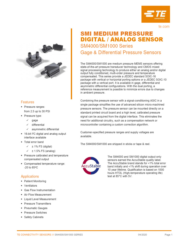 TE Connectivity SMI Pressure Sensor SM4000 SM1000 Series en Datasheet | PDF | Sensor | Pressure ...