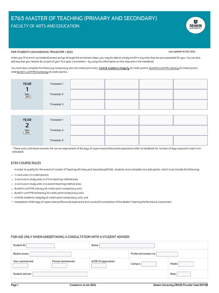 Deakin Master of Teaching Course Map 2023 | PDF | Pedagogy | English As ...
