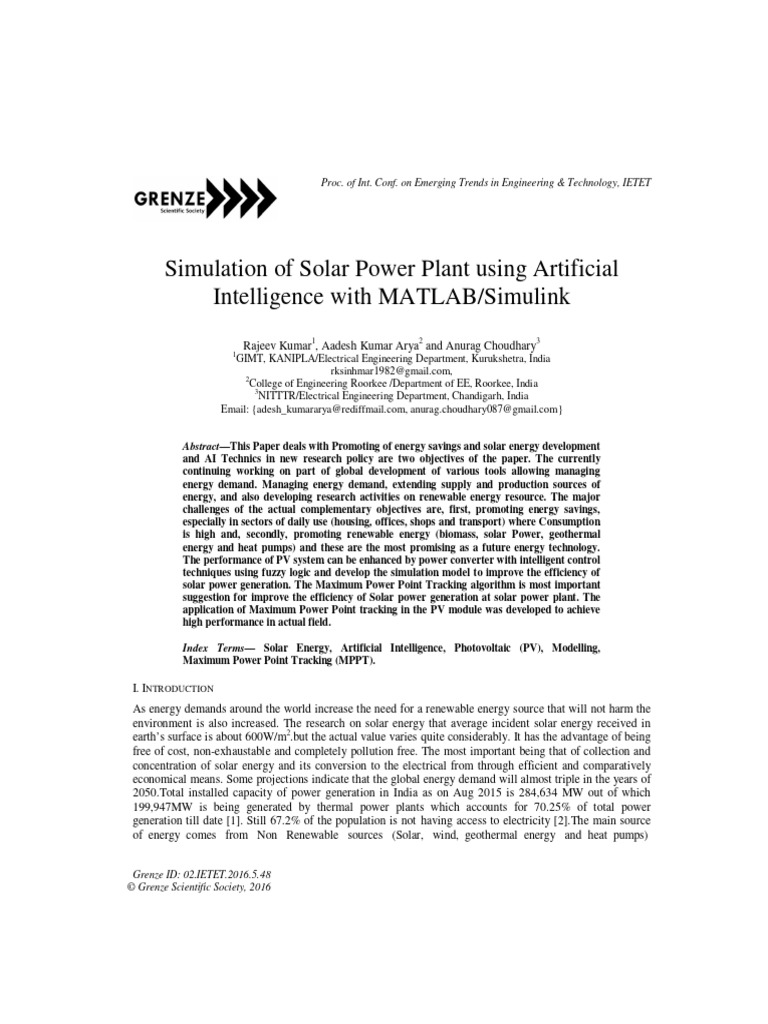 Simulation of Solar Power Plant Using Ar | PDF | Photovoltaics ...