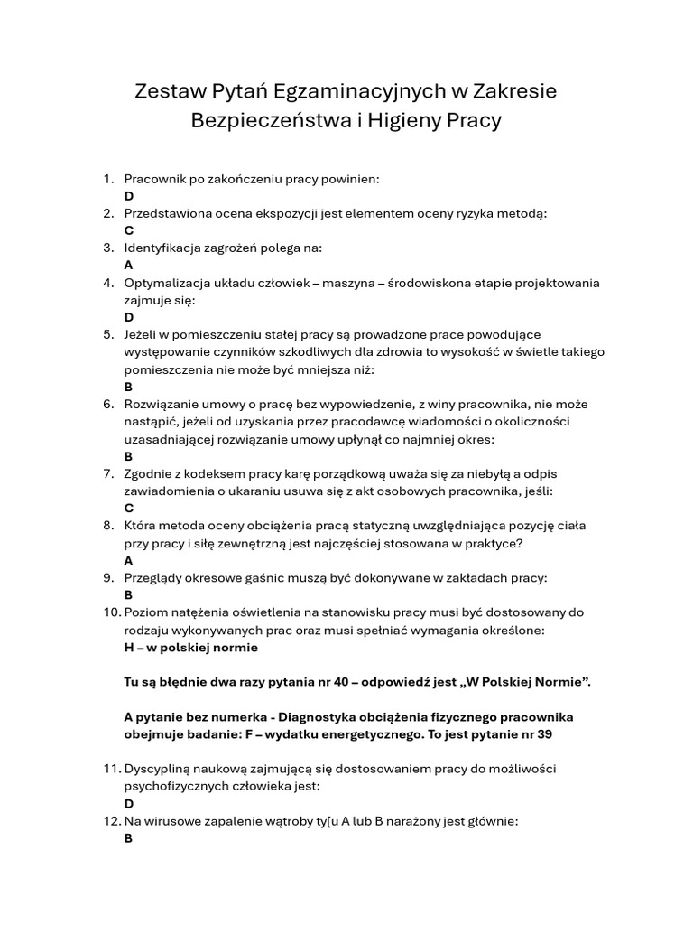 Zestaw Pytań Egzaminacyjnych W Zakresie Bezpieczeństwa I Higieny Pracy | PDF