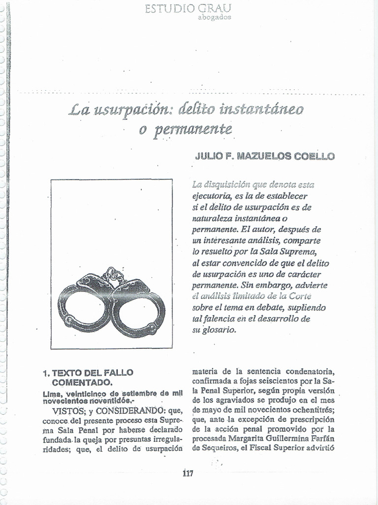Mazuelos Julio - La Usurpaciòn Delito Instantáneo o Permanente | PDF