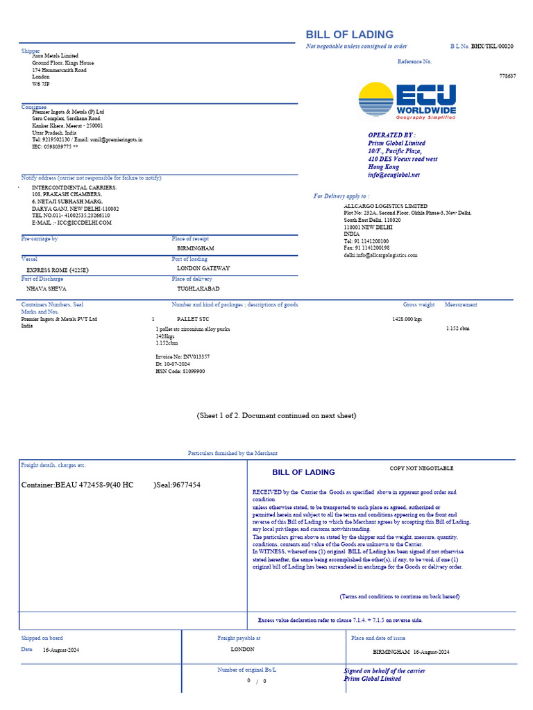 BCBHXTKL00020 | PDF | Cargo | Bill Of Lading