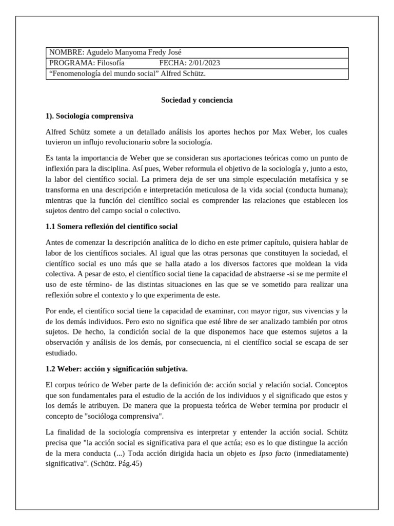 Alfred Schütz (Sobre Max Weber) | PDF | Ciencias Sociales | Comportamiento