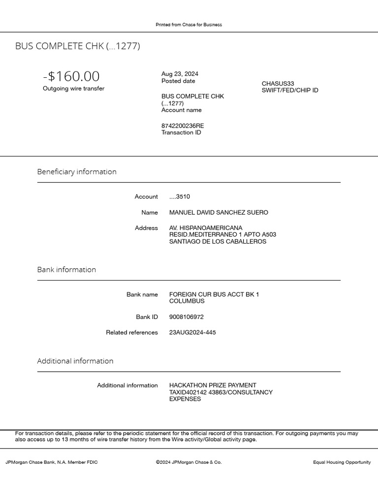 Chase Wire Transfer Receipt Details | PDF