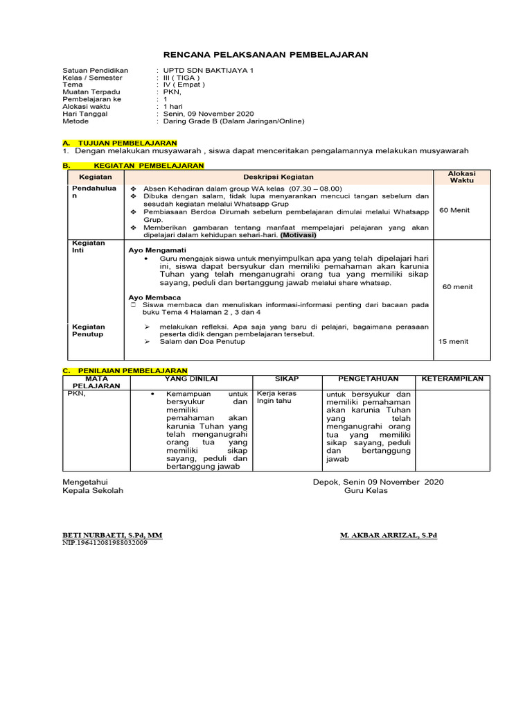 Contoh RPP 1 Lembar Kelas 3 Kurtilas | PDF | Karier & Perkembangan