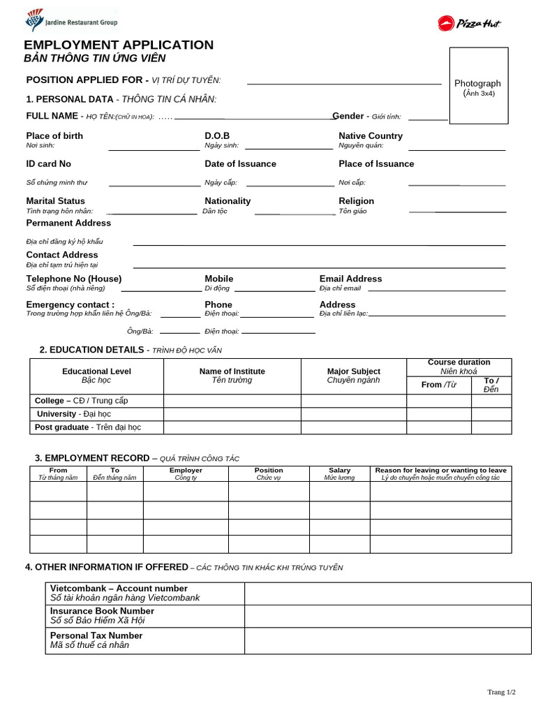 Bản Sao (Pizza Hut) Application Form | PDF