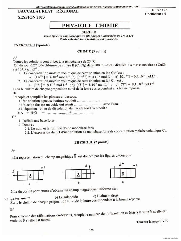 Bac 2023 PC Régional Abidjan 1serie D | PDF