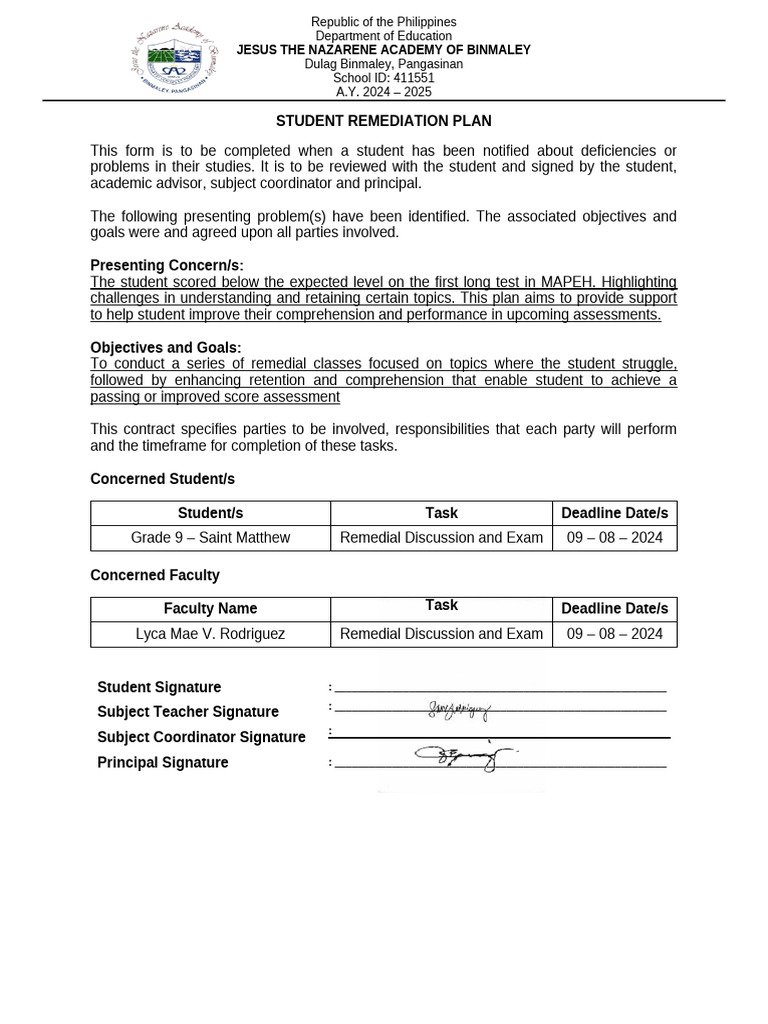 Grade 8 - Mapeh Student Remediation Plan | PDF | Wellness