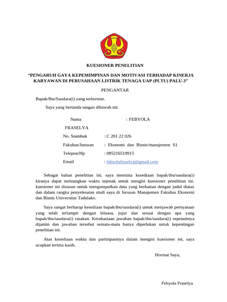 KUESIONER PENELITIAN Febyola Fraselya C20122026 Revisi | PDF | Karier ...