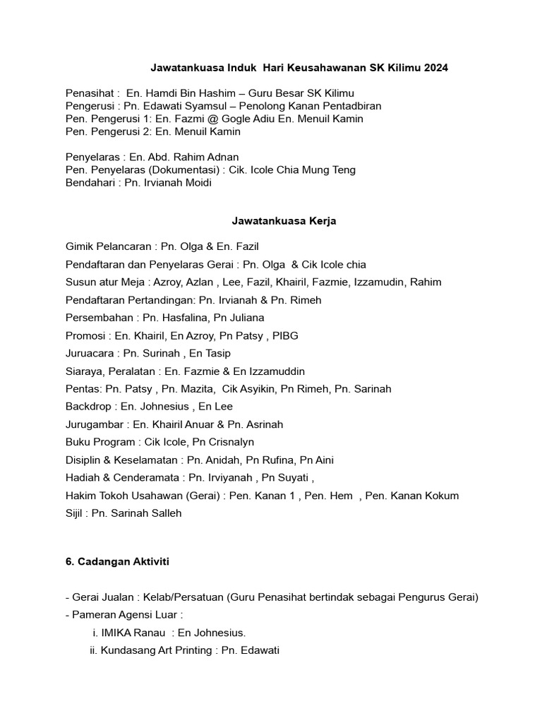 Jawatankuasa Induk Dan Ajk Kerja Hari Keushawanan 2024 | PDF