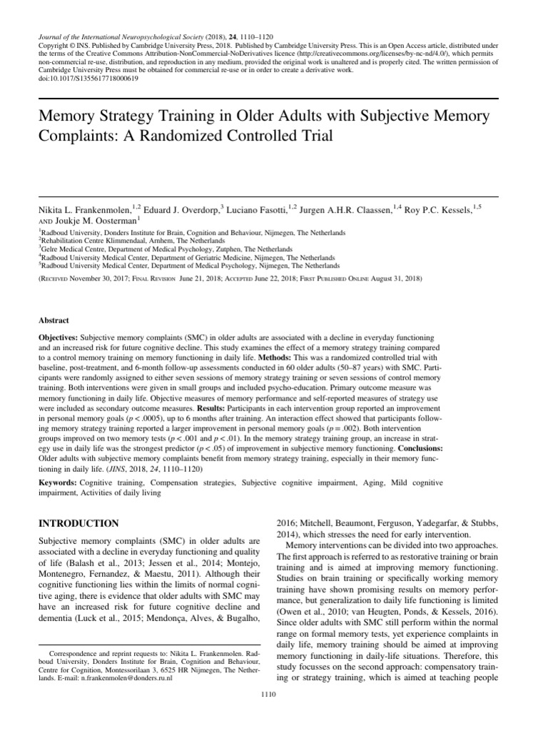Memory Strategy Training in Older Adults With Subjective Memory | PDF ...