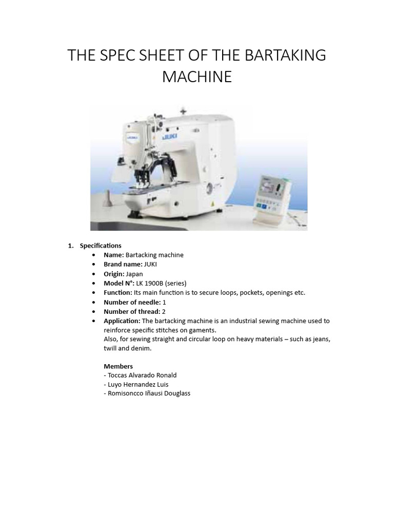 The Spect Sheet of The Bartacking Machine | PDF | Home & Garden ...