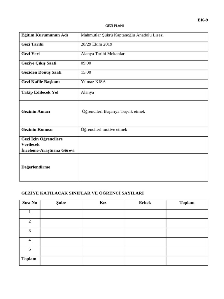 2 - Gezi Planı Ek 9 | PDF