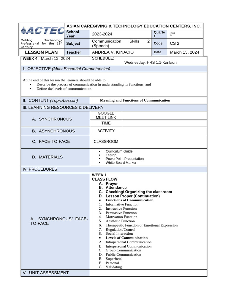 Cs2 Lesson Plan w4 | PDF | Communication | Lesson Plan