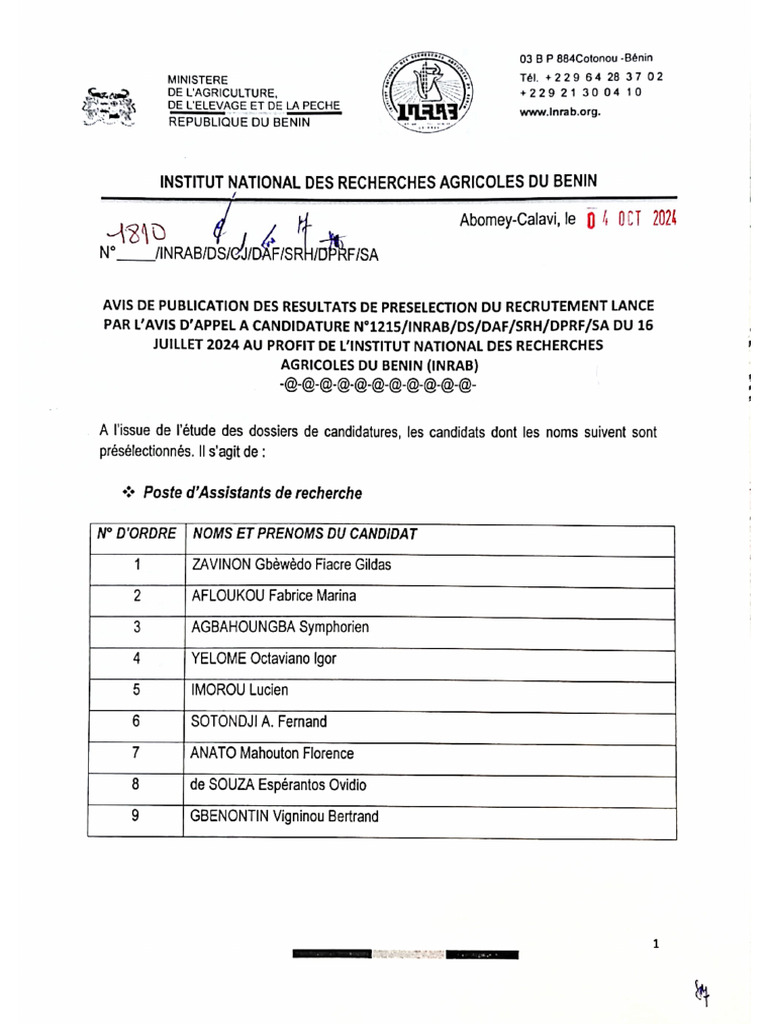 Résultats de présélection des candidats | PDF