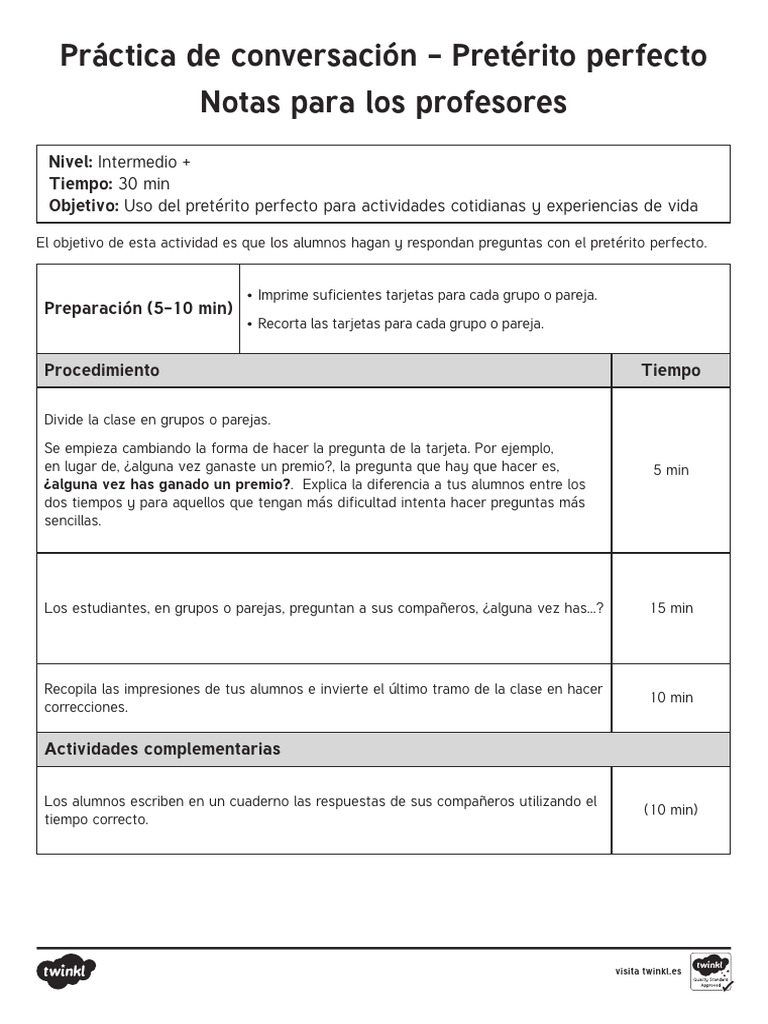 El Preterito Perfecto Tarjetas | PDF