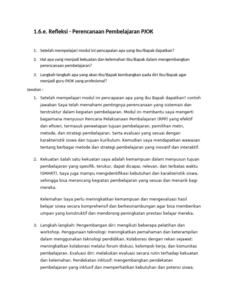 1.6.e. Refleksi - Perencanaan Pembelajaran PJOK | PDF | Karier ...