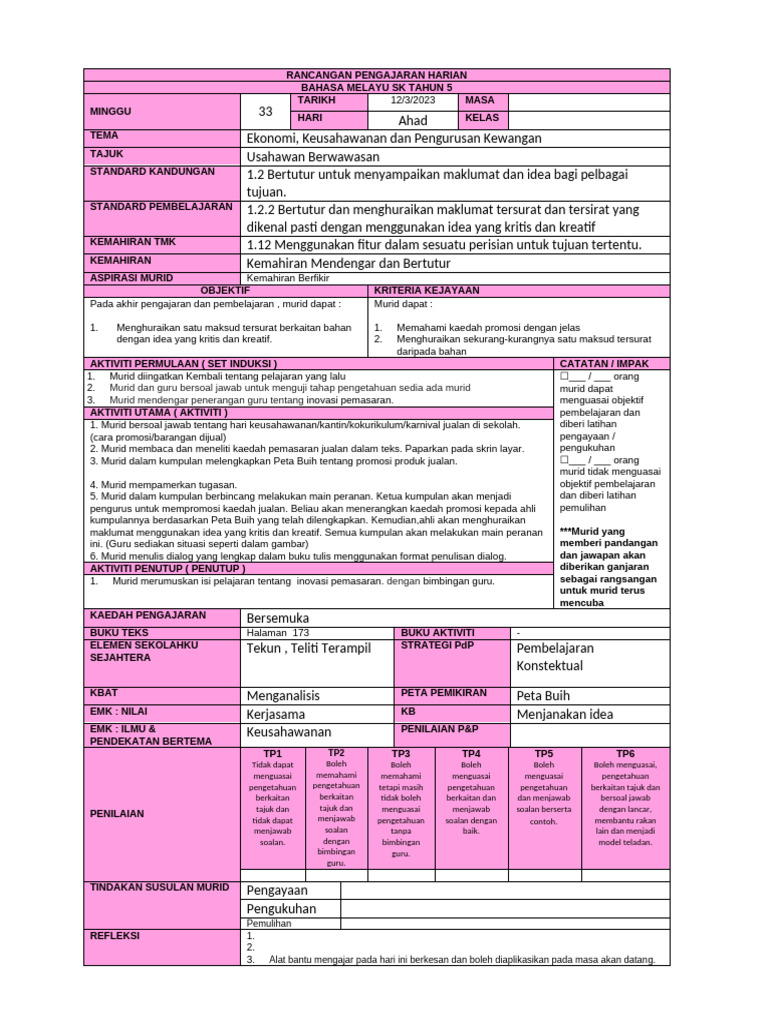 RPH Minggu 33 BM SK THN 5 2024 by Cikgu Gorgeous | PDF