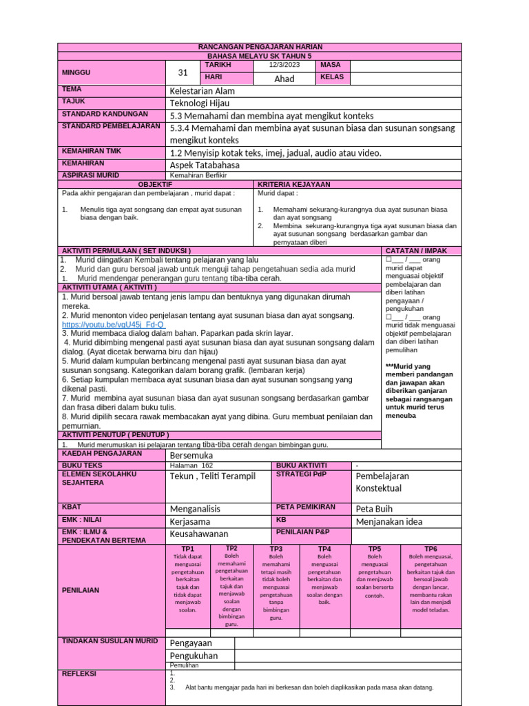 RPH Minggu 31 BM SK THN 5 2024 by Cikgu Gorgeous | PDF