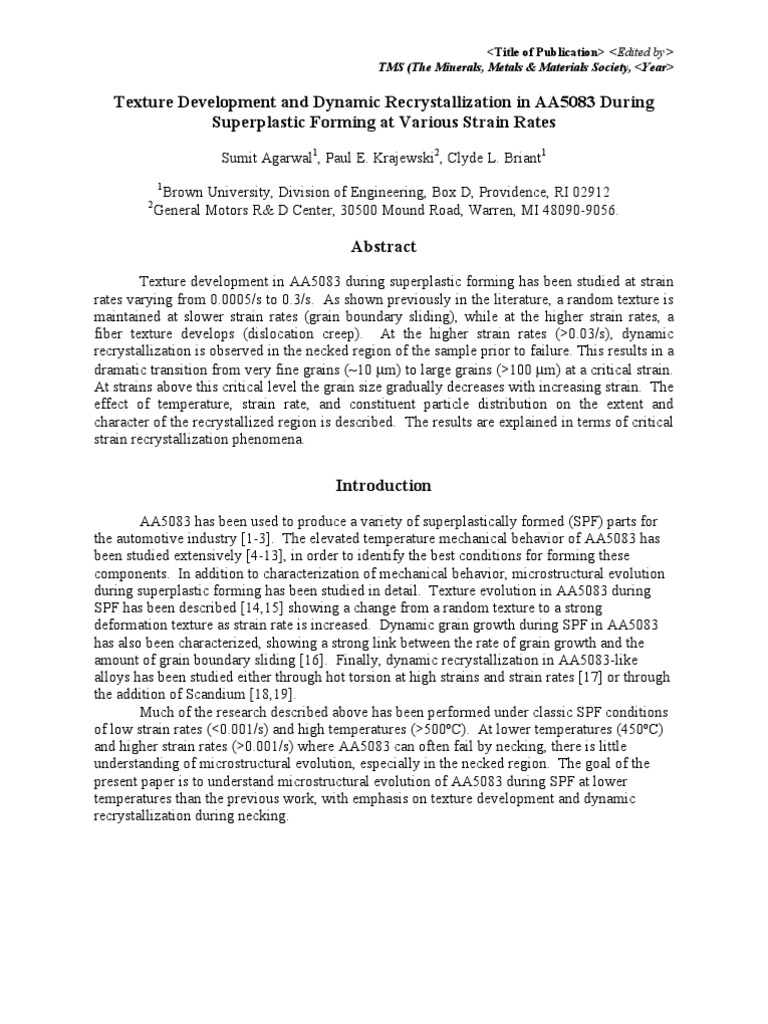 Texture Development and Dynamic Recrystallization in AA5083 During Superplastic Forming at ...