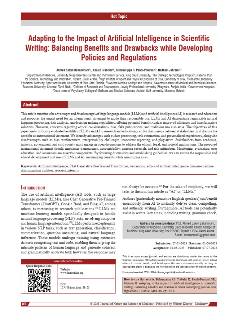 Adapting to the Impact of Artificial Intelligence in Scientific Writing Balancing Benefits and ...