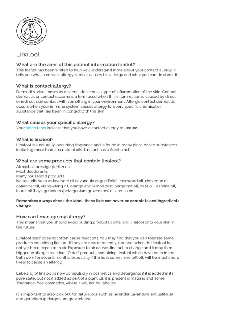 Allergy To Linalool - Allergy Advice BSCA | PDF | Allergy | Dermatitis
