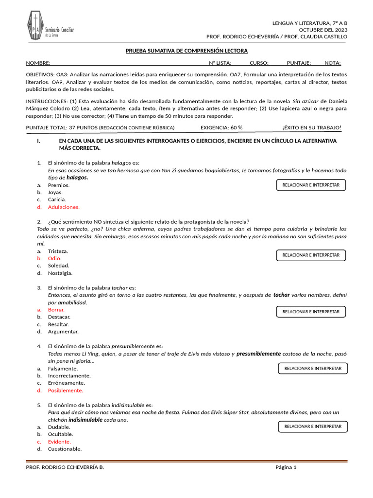 Prueba Sumativa de Comprensión Lectora - #2 - 7ab | PDF | Diabetes ...