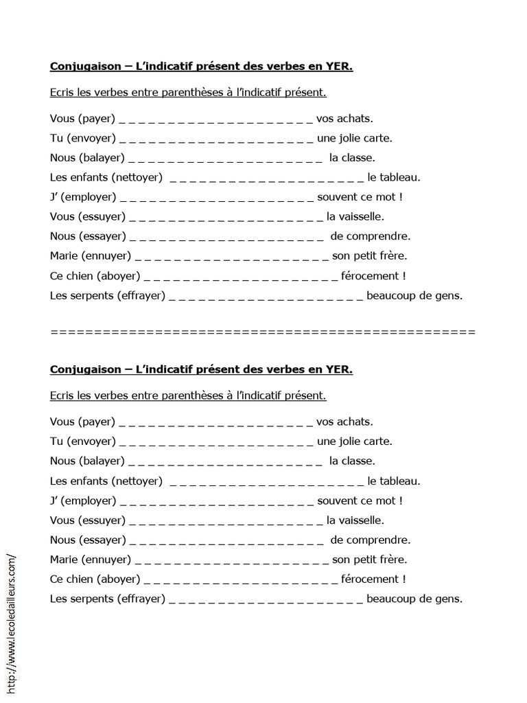 Conjugaison des verbes en YER au présent | PDF | Arts du langage et ...