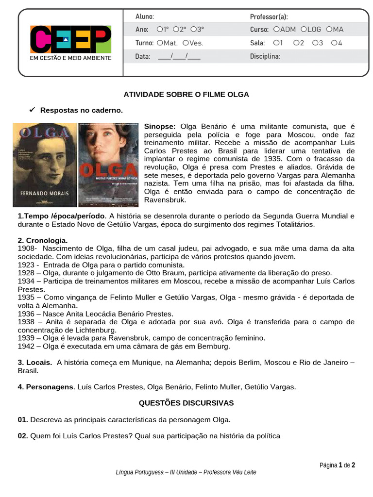 Atividade Sobre o Filme Olga | PDF | História