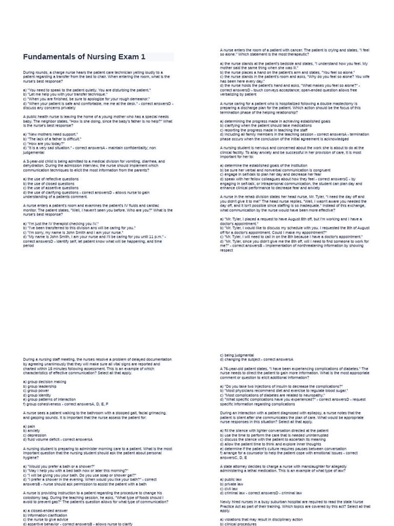 Fundamentals of Nursing Exam 1 | PDF | Nursing | Health Sciences