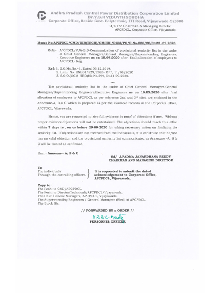 Provisional Seniority List of CGM, GM SE and EE (Elecl) As On 15.09.2020 APCPDCL | PDF