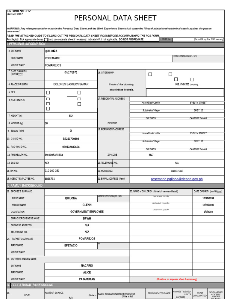 CS Form No. 212 Personal Data Sheet | PDF | Government