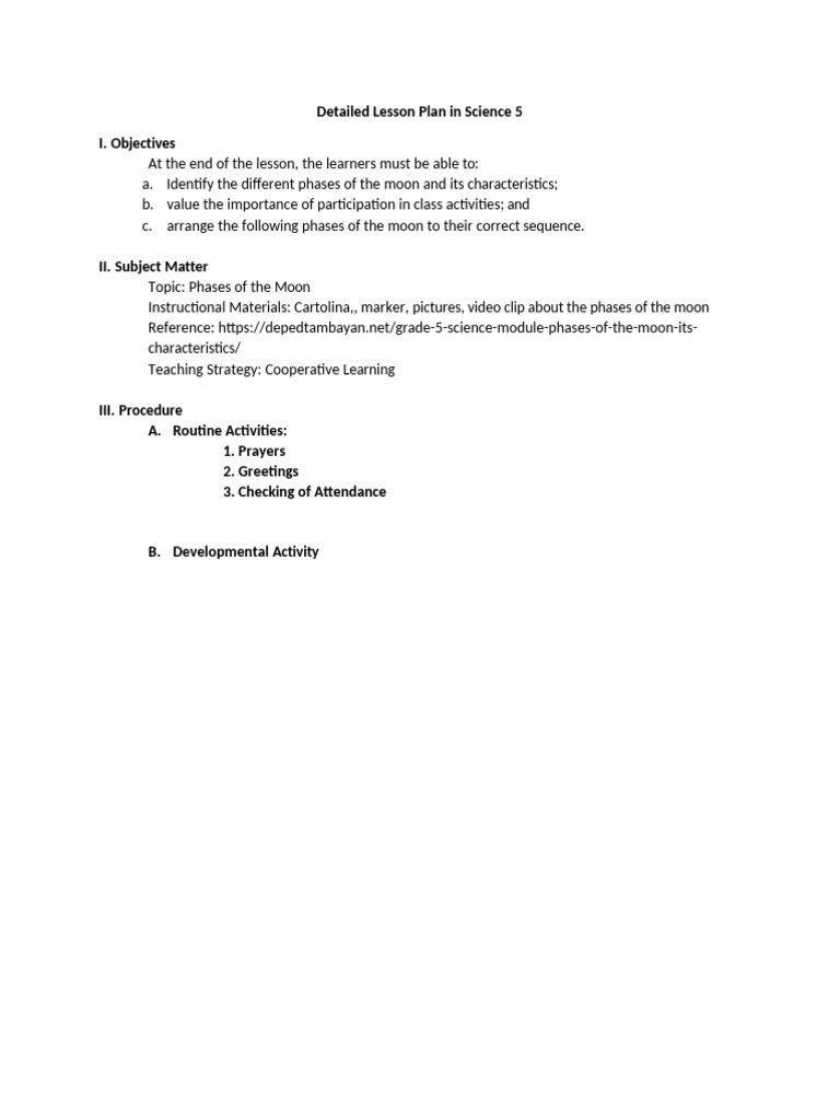 Grade 5 Phases of the Moon Lesson Plan | PDF | Moon | Astronomy