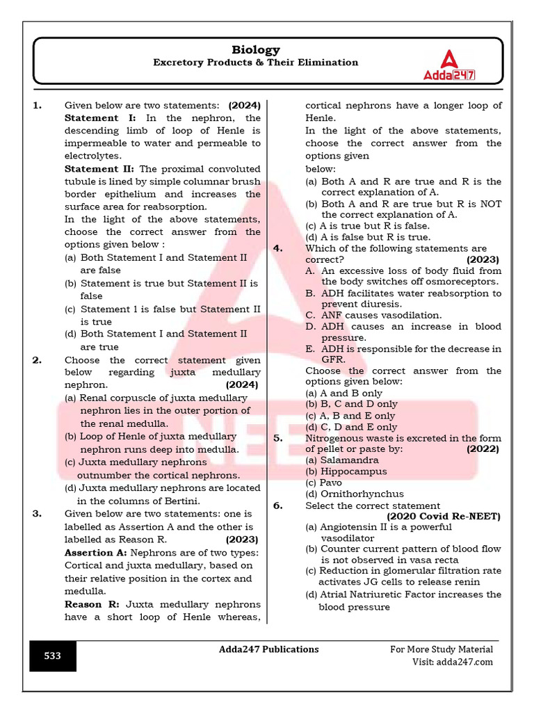Biology PYQs Part-2 V1.4 | PDF | Kidney