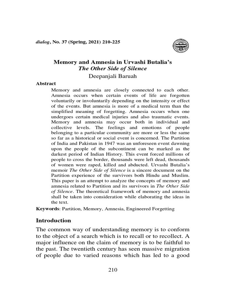 Memory and Amnesia in Urvashi Butalias The Other Side of Silence | PDF ...