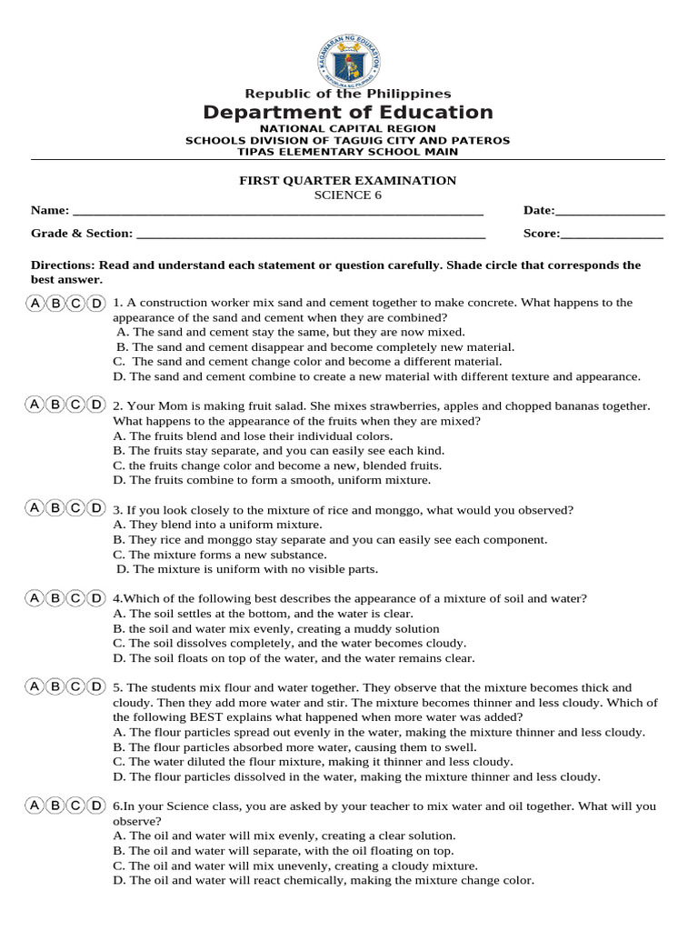 SCIENCE-First Grading Exam Grade 6 | PDF | Mixture | Chemistry