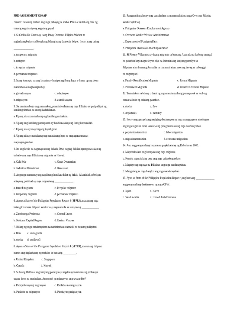 Pre-Assessment G10 Ap | PDF