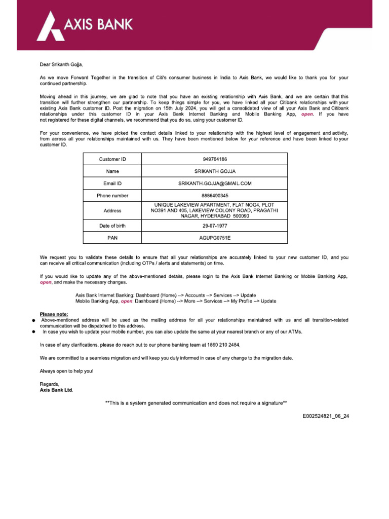Axis Bank Citi Migration | PDF
