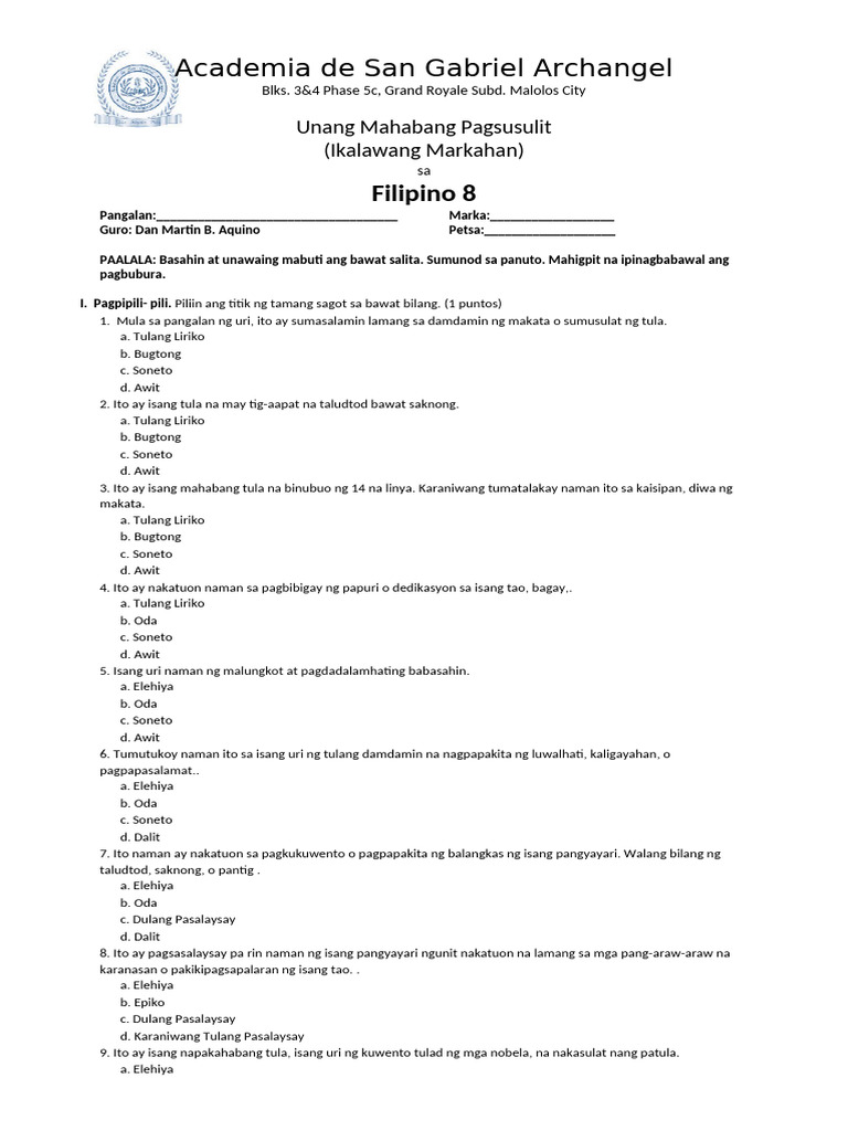 FIL 8 Q2 Long Test 1 | PDF