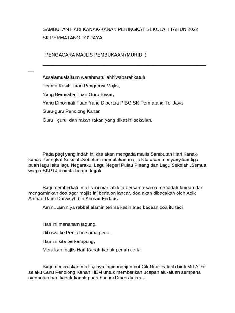Teks Ucapan Pembukaan Majlis (Murid) | PDF | Kesehatan Holistik