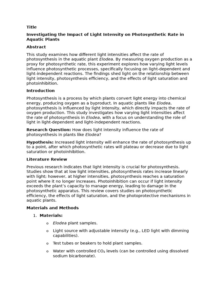 Investigating The Impact of Light Intensity On Photosynthetic Rate in ...