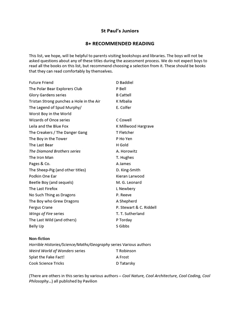 Recommended 8+ Reading List for Boys | PDF