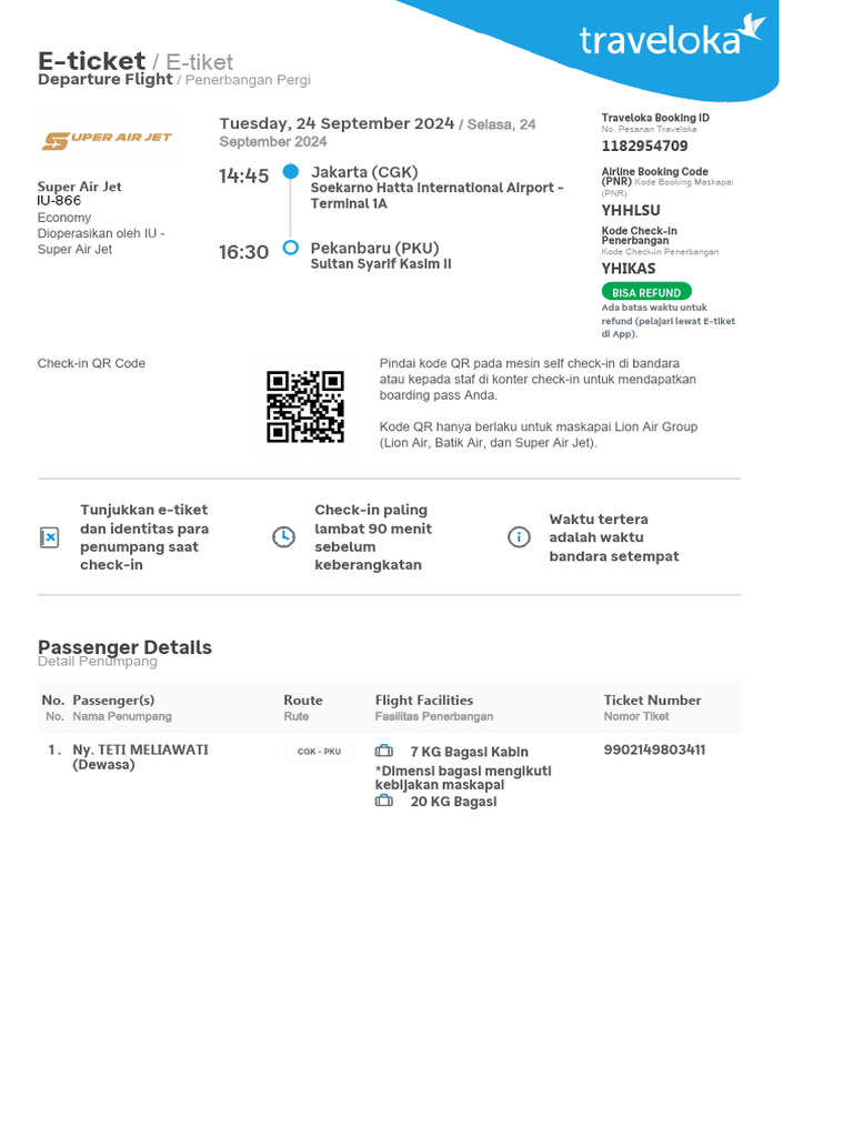 Teti Meliawati-CGK-YHIKAS-PKU-FLIGHT - ORIGINATING | PDF